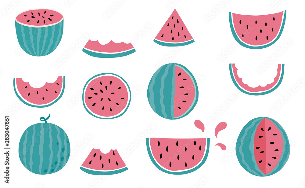 Cute watermelon, melon object collection.Whole, cut in half, sliced on ...