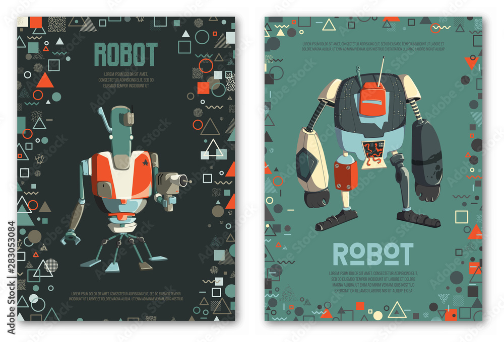 Design template with robots characters and geometric shapes. Technology ...