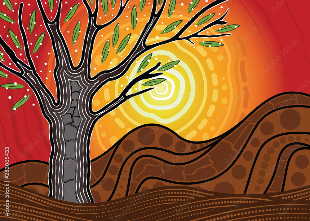Tree on the hill, An illustration based on aboriginal style of painting ...