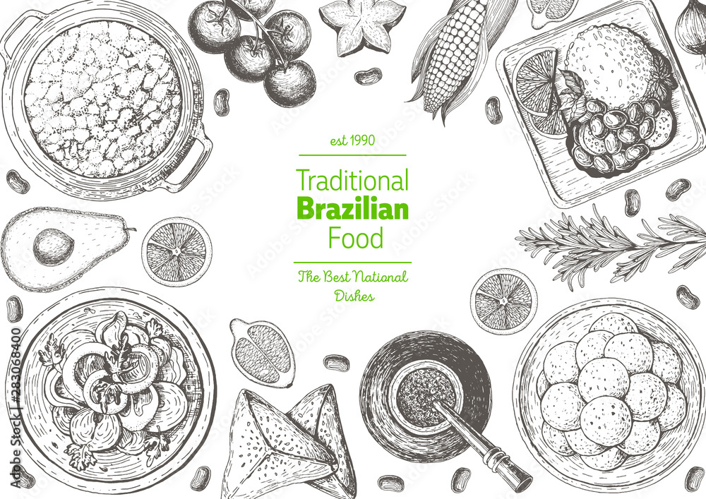 Brazilian cuisine top view frame. Brazilian food menu design with ...