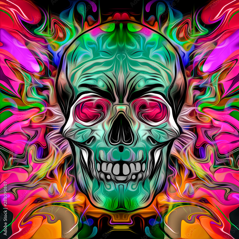 Human skull with colorful spots on dark background Stock Illustration ...