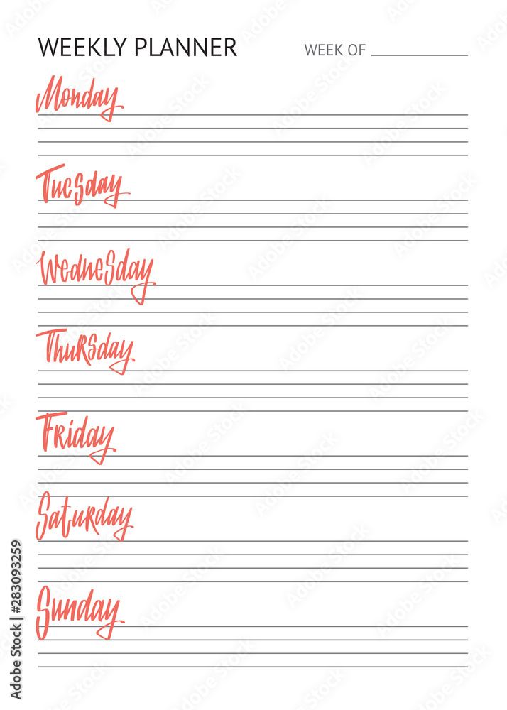Planner for week. To Do list. Names of weekdays. Hand drawn lettering ...