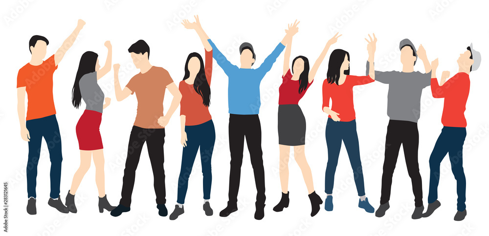 Set of men and women standing, hands up, in various poses, cartoon ...