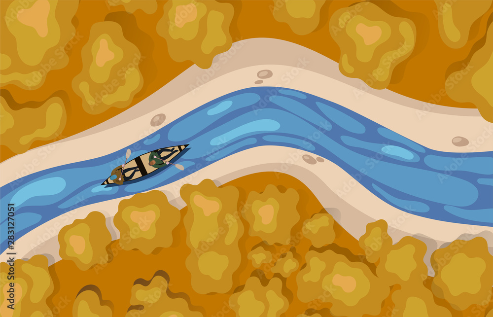 River top view people on a boat floating on the river. Vector graphics ...