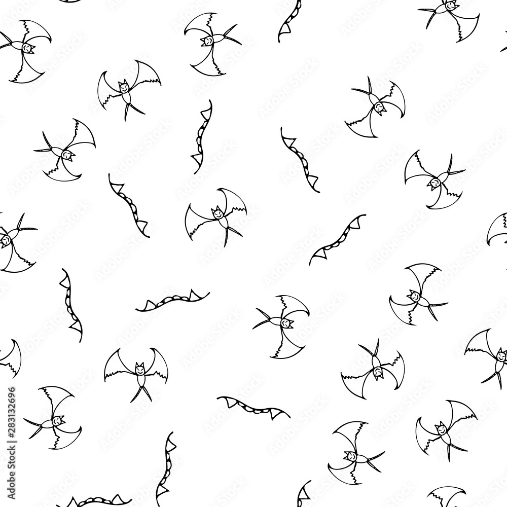 Bat and teeth seamless Halloween outline in the abstract style. Black ...