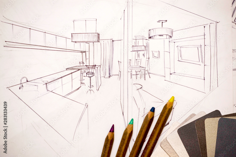 Outline drawings for the design of the kitchen design, everything is ...