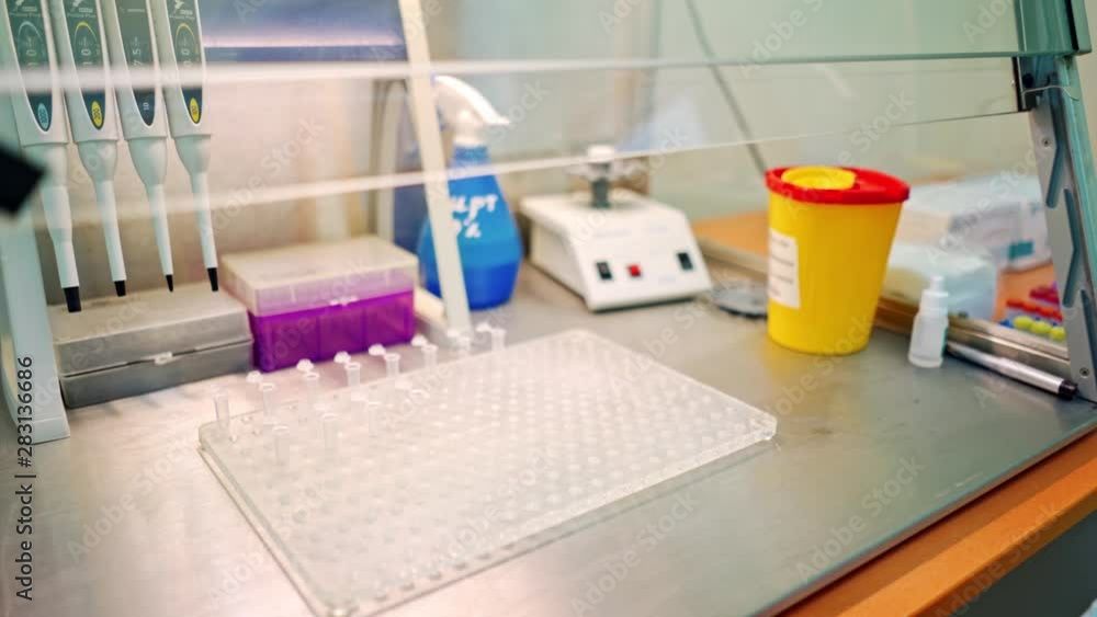 New small test tubes laying out on a plastic rack. Female hand in ...