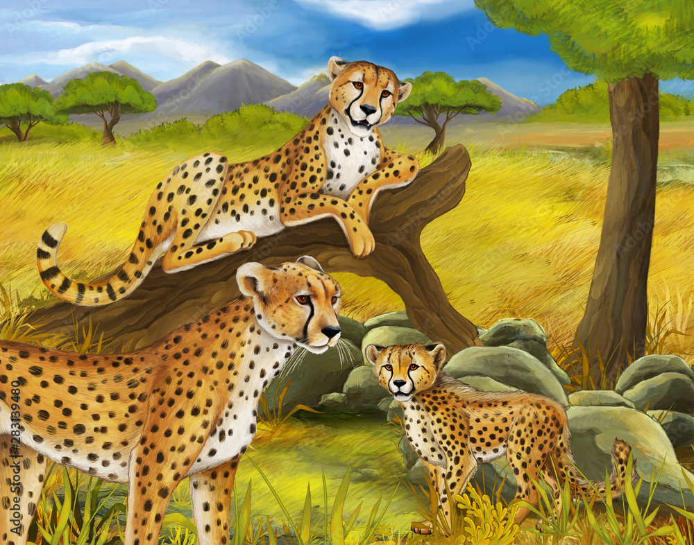 cartoon scene with cheetah resting on tree with family illustration for ...