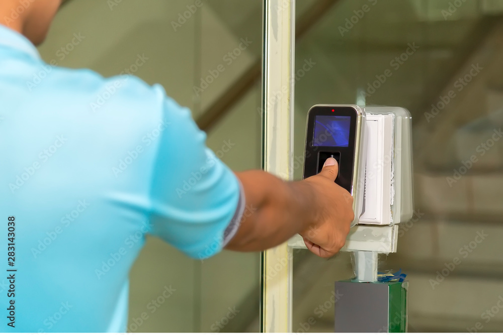 The hand are scanning on fingerprint machine for enter digital security ...