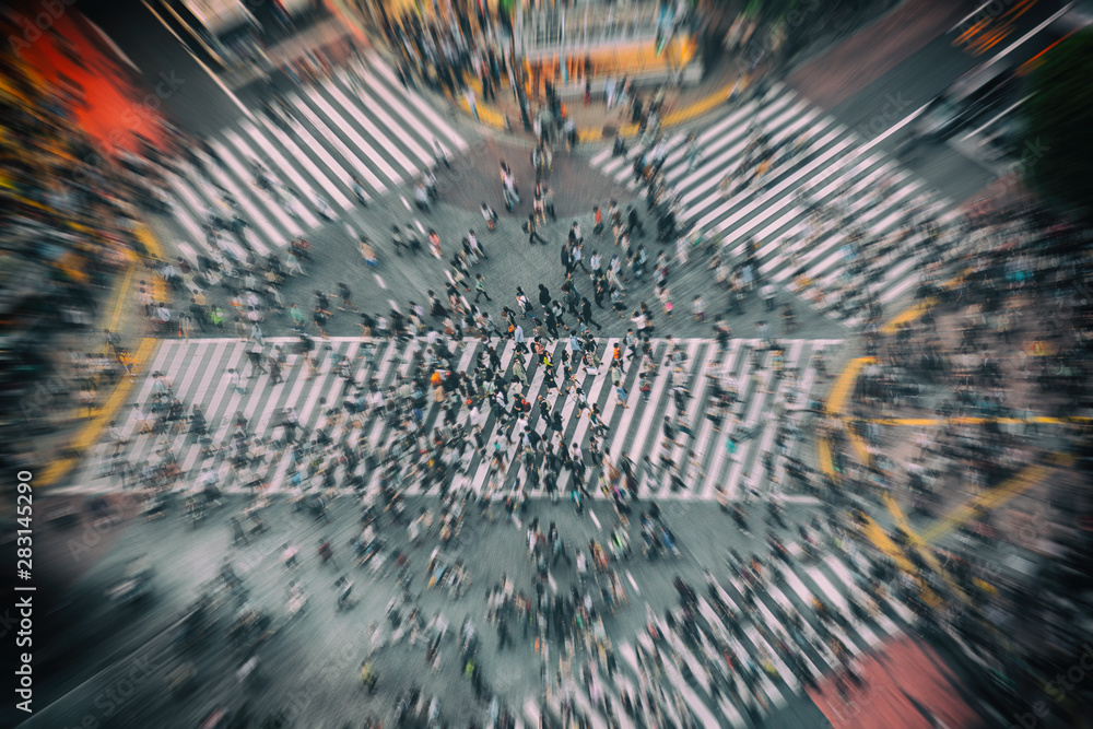 Tokyo city Shibuya crossing, crowd of busy people walking on street ...