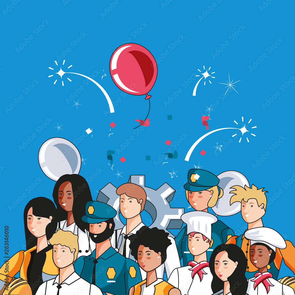 happy labor day label with group of workers Stock Vector | Adobe Stock