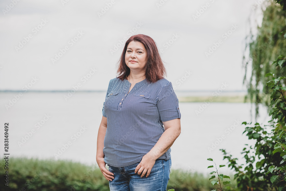 Relax concept. Plus size model, Woman rest at nature, attractive plump ...