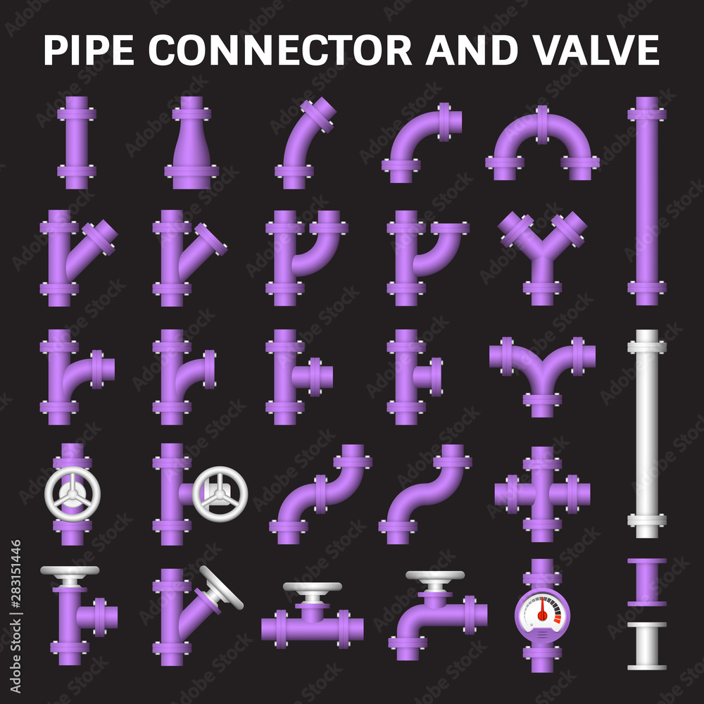 Pipe icon and flange fitting. Include control valve and pressure gauge ...