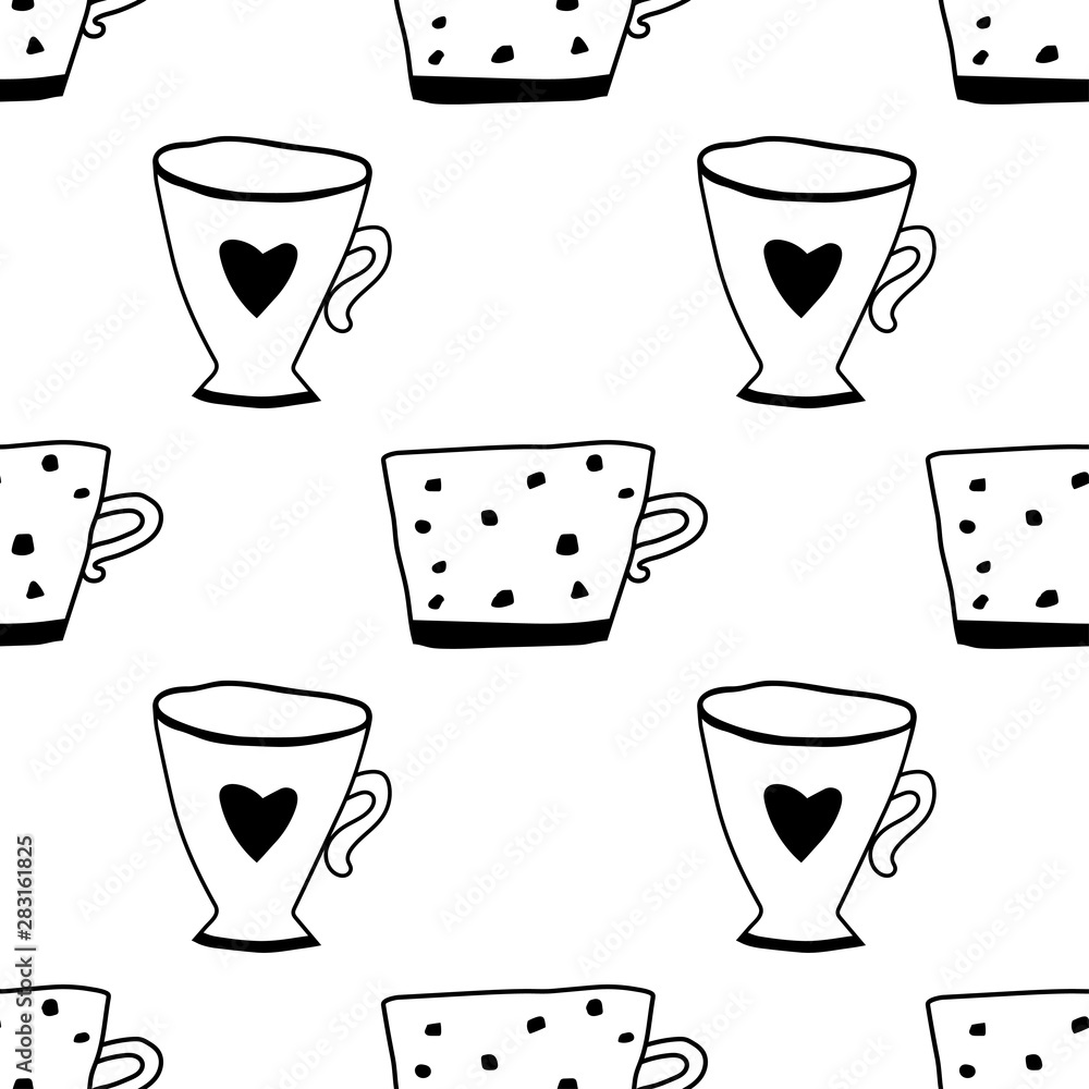 Black and white illustration of tea or coffee mugs. Seamless pattern ...