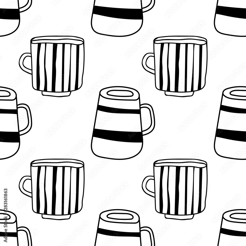Black and white illustration of tea or coffee mugs. Seamless pattern ...