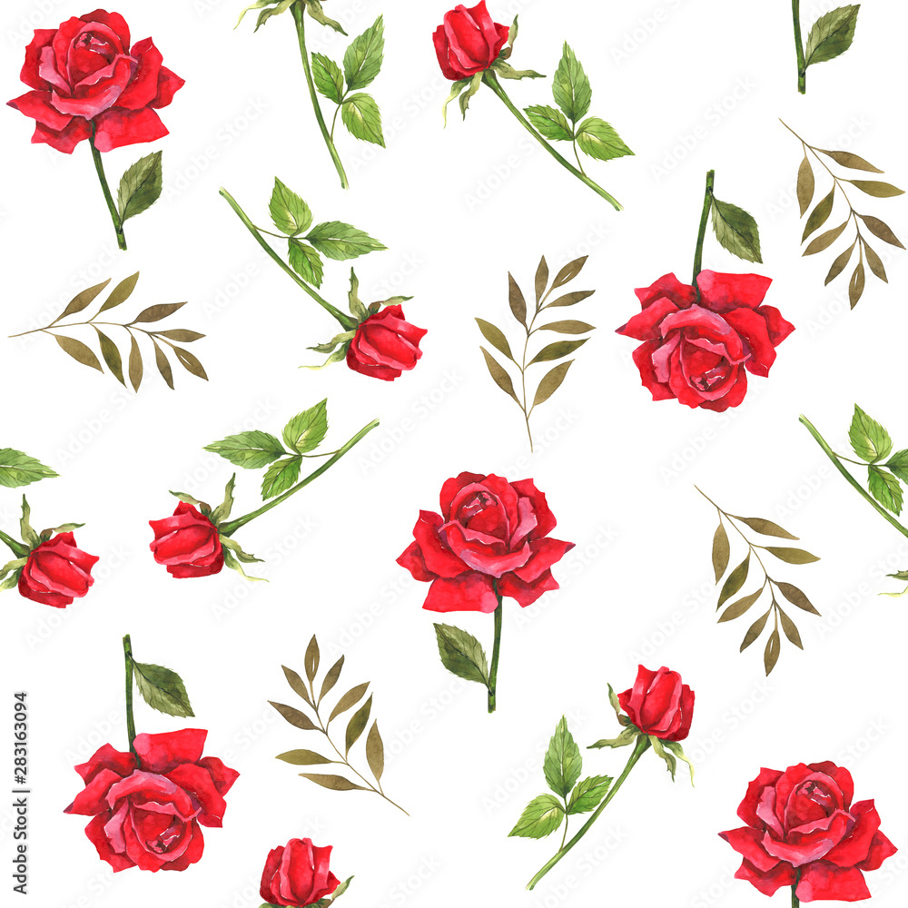 Watercolor botanical illustration with red roses. Design for fabric ...