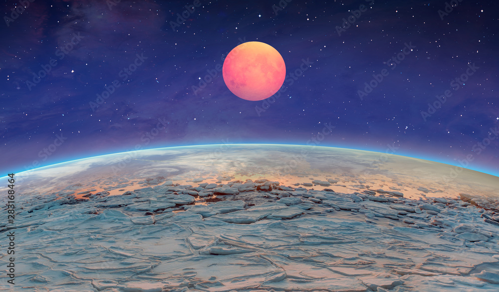 New ice age and Earth covered with ice on the background lunar eclipse ...