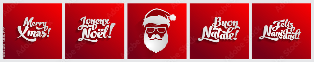 Merry Christmas text on english, french, spanish and italian languages ...