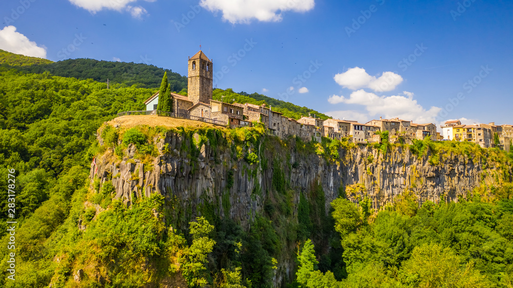Castellfollit de la Roca. Castle on the rock. Spain. Aerial view Stock ...
