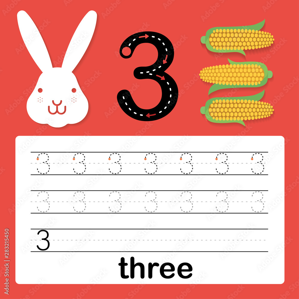 Number three, card for kids learning to count and to write, worksheet ...