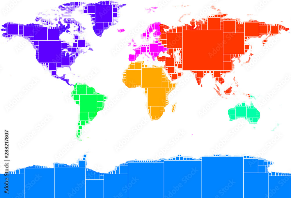 Colored dotted world map divided into parts of the world. Consisting of ...