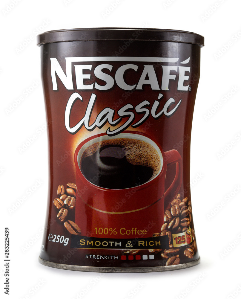 Can of Nescafe on white background. Nescafe is a brand of instant ...