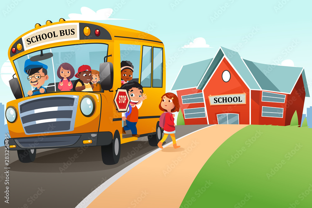 School Kids Getting Off The School Bus Illustration Stock Vector ...