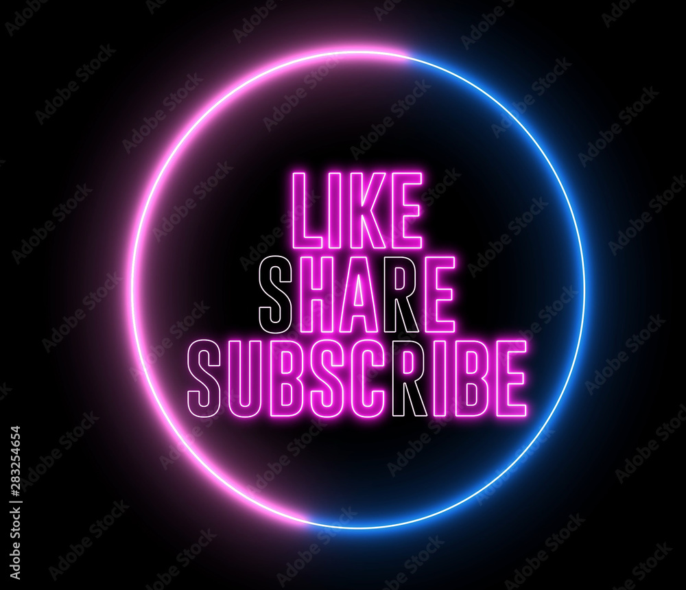 Text of "LIKE, SHARE, SUBSCRIBE" inside neon colorful circle. Social ...