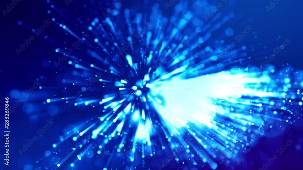 blue shiny sparkling particles with light rays move in a viscous liquid ...