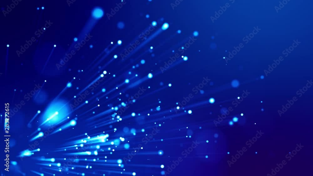 blue shiny sparkling particles with light rays move in a viscous liquid ...