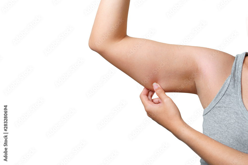 Asian woman pinching arm fat flabby skin isoloate on white background ...