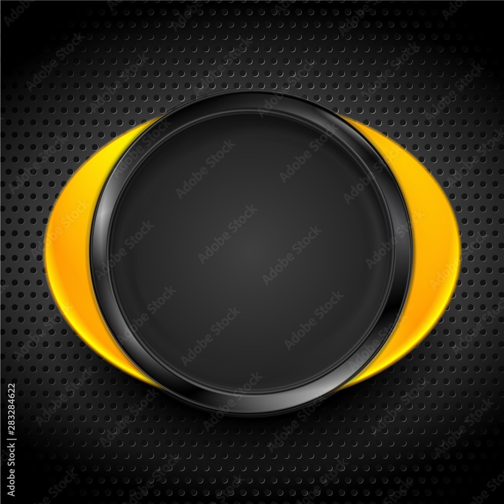 Yellow black glossy circle frame on dark perforated background ...