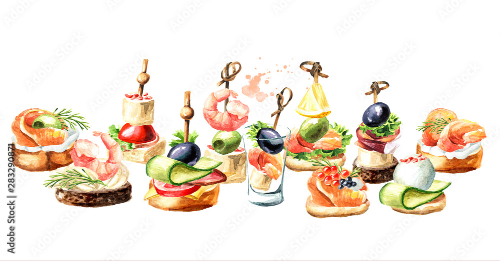 Appetizer for a festive table. Mini canape. Watercolor hand drawn ...