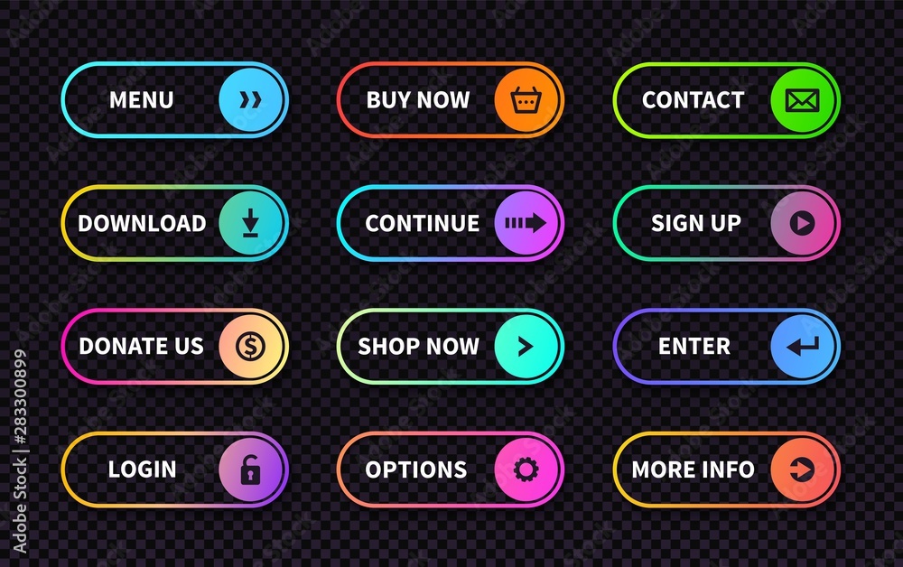 Set of gradient action buttons. Flat web submit form, modern transition sign, game navigation ui ...