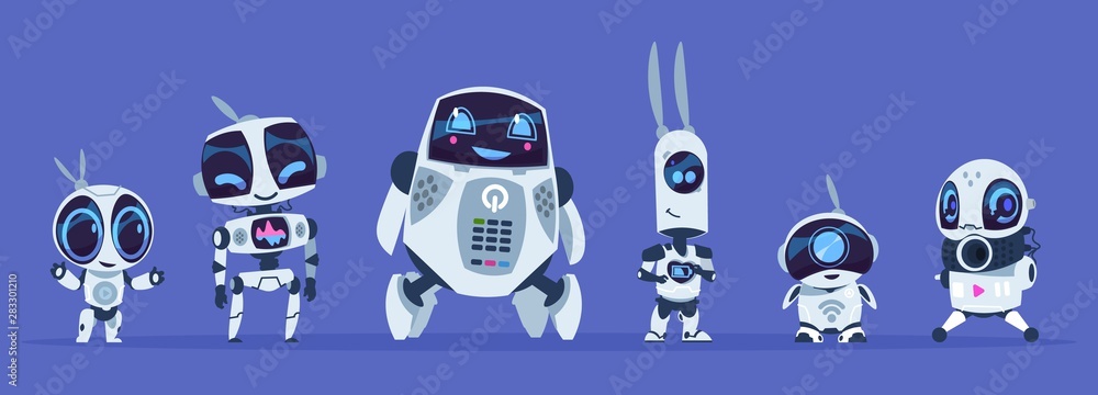 Robots evolution. Creative cartoon characters of futuristic robots ...