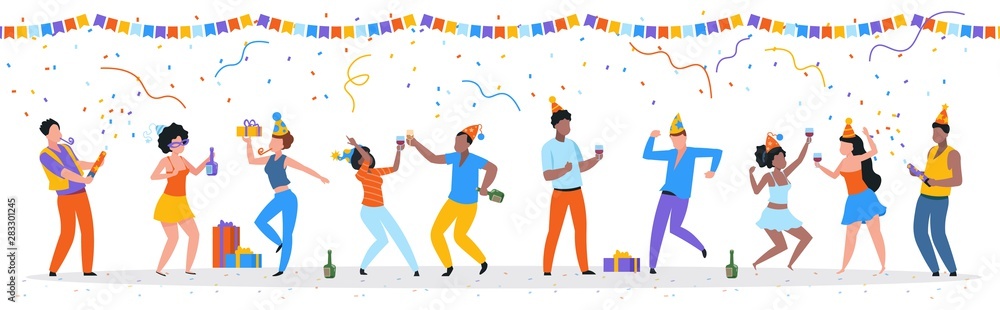 Cartoon party people. Trendy happy dancing group of men and women with ...