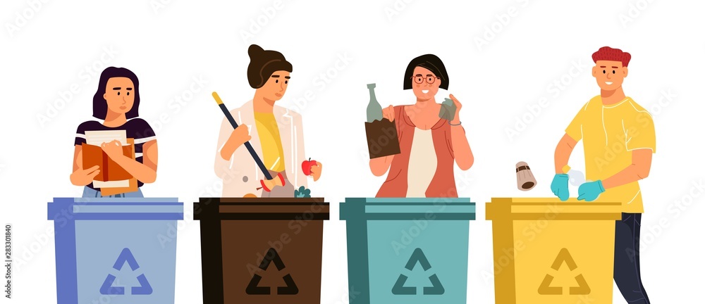 Recycling characters. Cartoon men and women putting trash in different ...