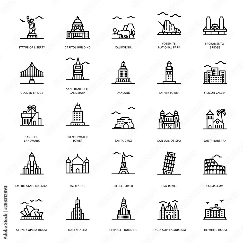 Landmarks Line Icons Stock Illustration | Adobe Stock
