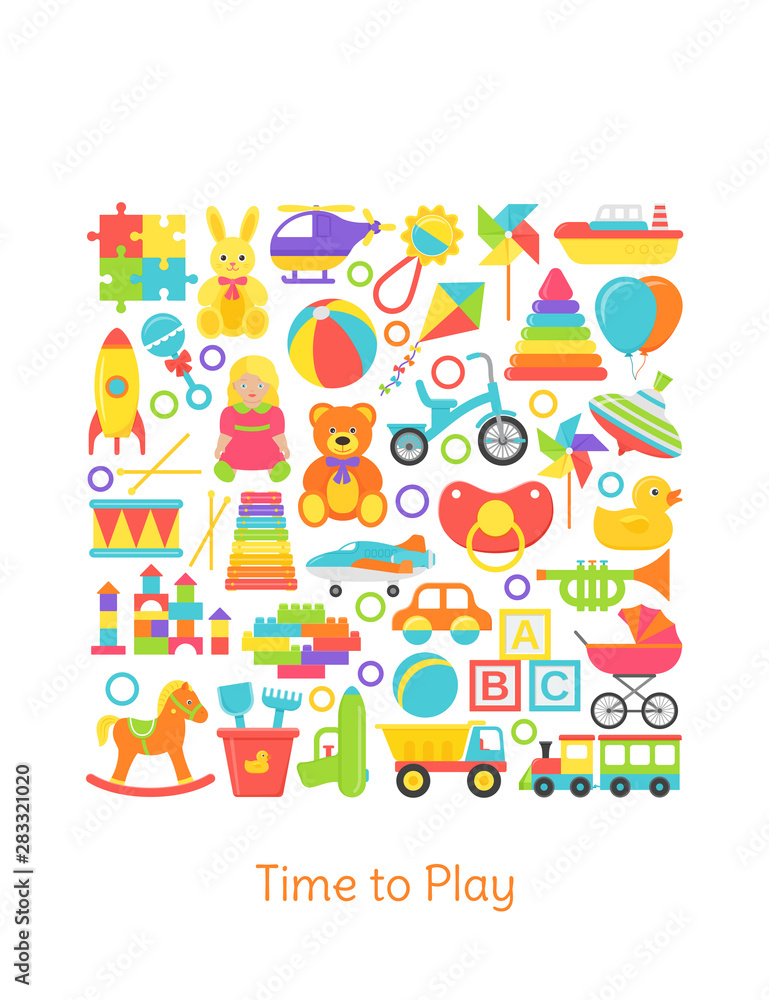 Card with baby toys stylized in square shape. Kids toy print. Cute ...