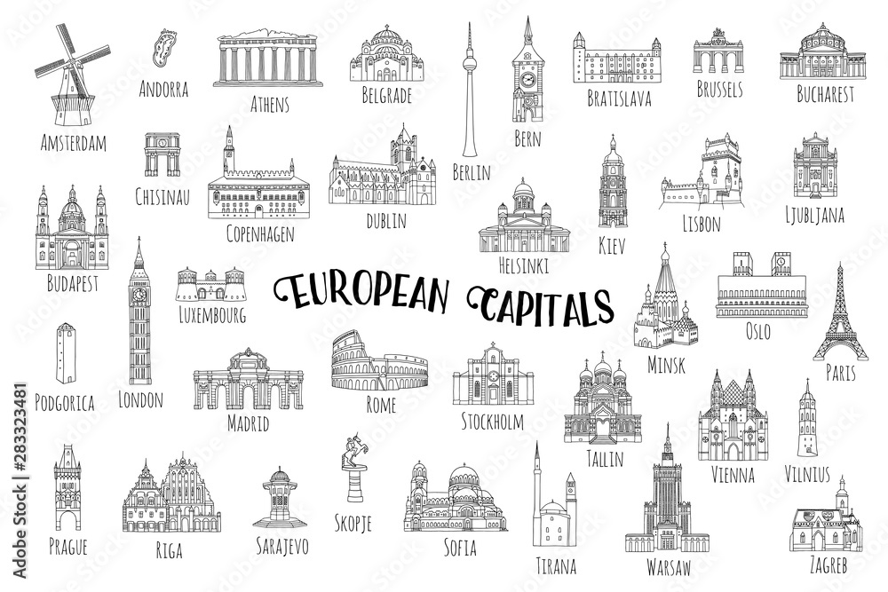 Set of 37 hand drawn landmarks from various European capitals, black ...