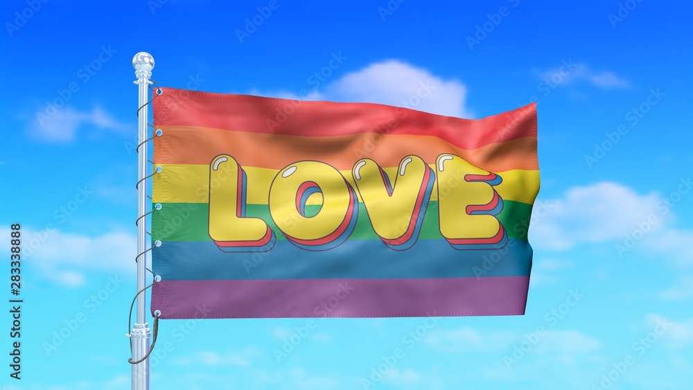 Rainbow flag with word love. Romantic symbol of lgbt pride. 3d ...