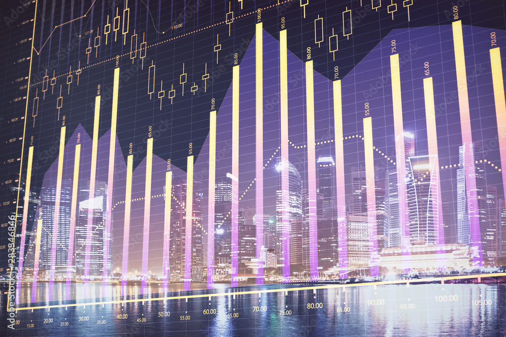 Financial chart on city scape with tall buildings background multi ...