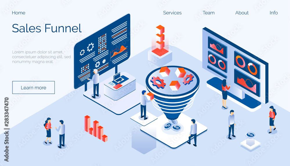 Sales funnel isometric concept vector with tiny people, diagram, coins ...
