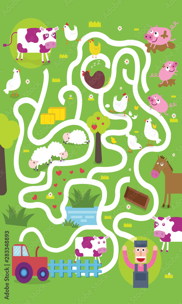 Vector illustration of Puzzle game Farm maze Stock Vector | Adobe Stock