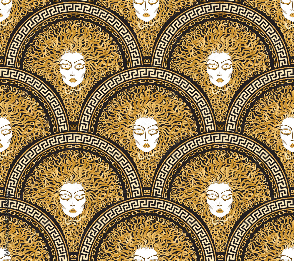 Vector seamless pattern with Greek meander borders in fish scale order ...