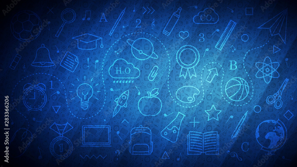 Back to School abstract blue background with different line icons and ...