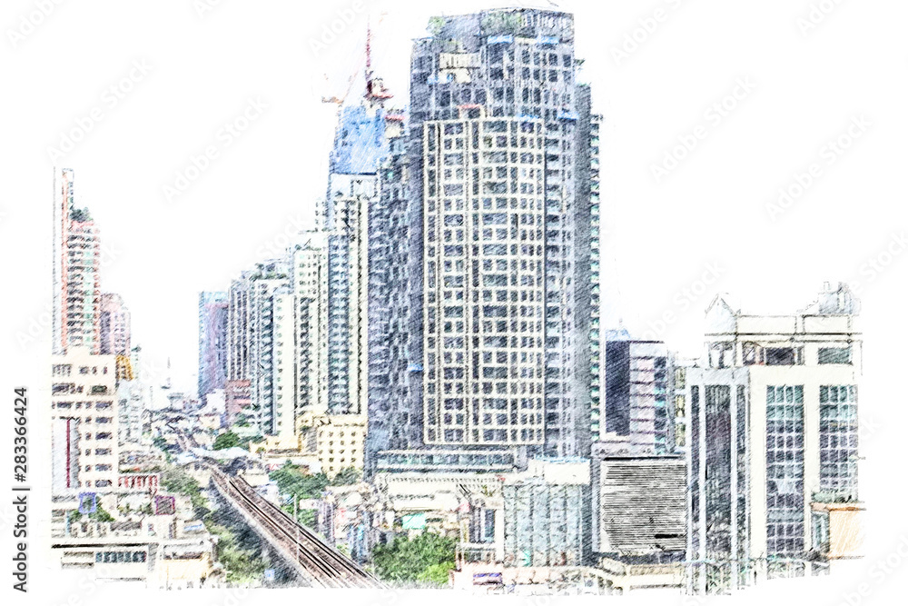 Skatch construction with a pencil. Pencil drawing of a tall building ...