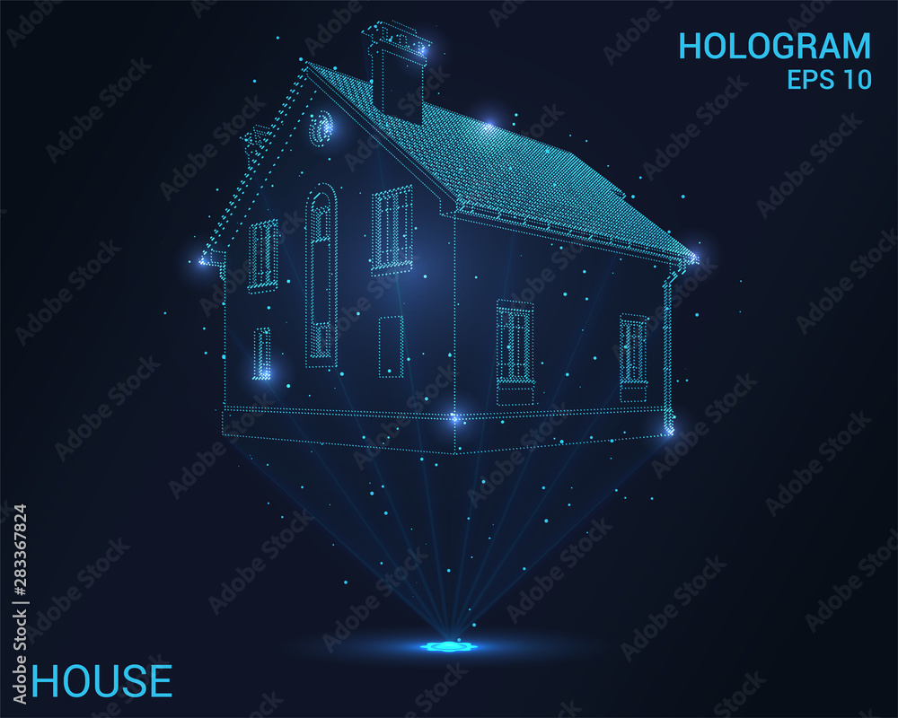 Hologram house. Holographic projection of the cottage. Flickering ...