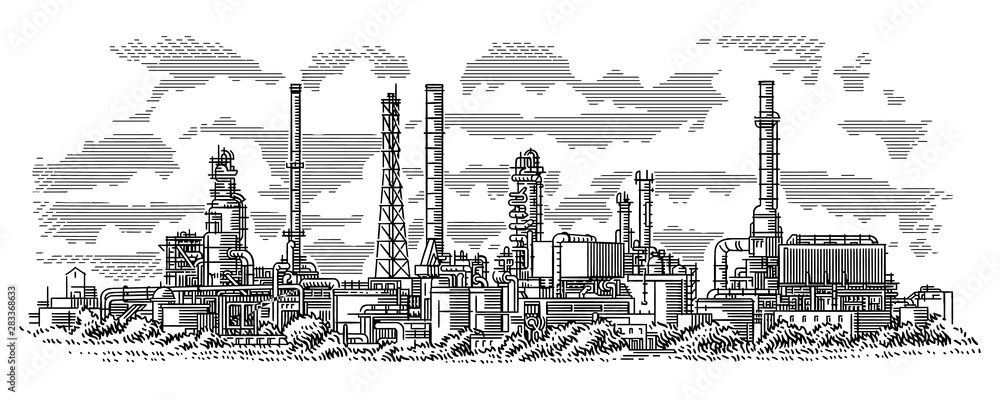 Industrial landscape line (engraving style) drawing. Oil refinery plant ...