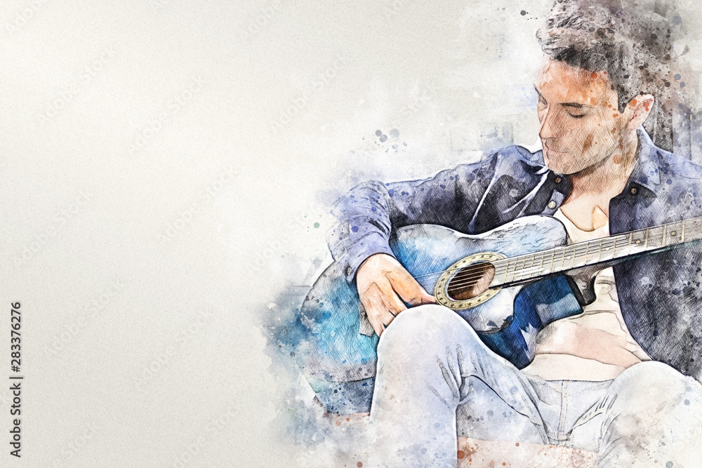 Abstract colorful shape on man playing acoustic guitar watercolor ...